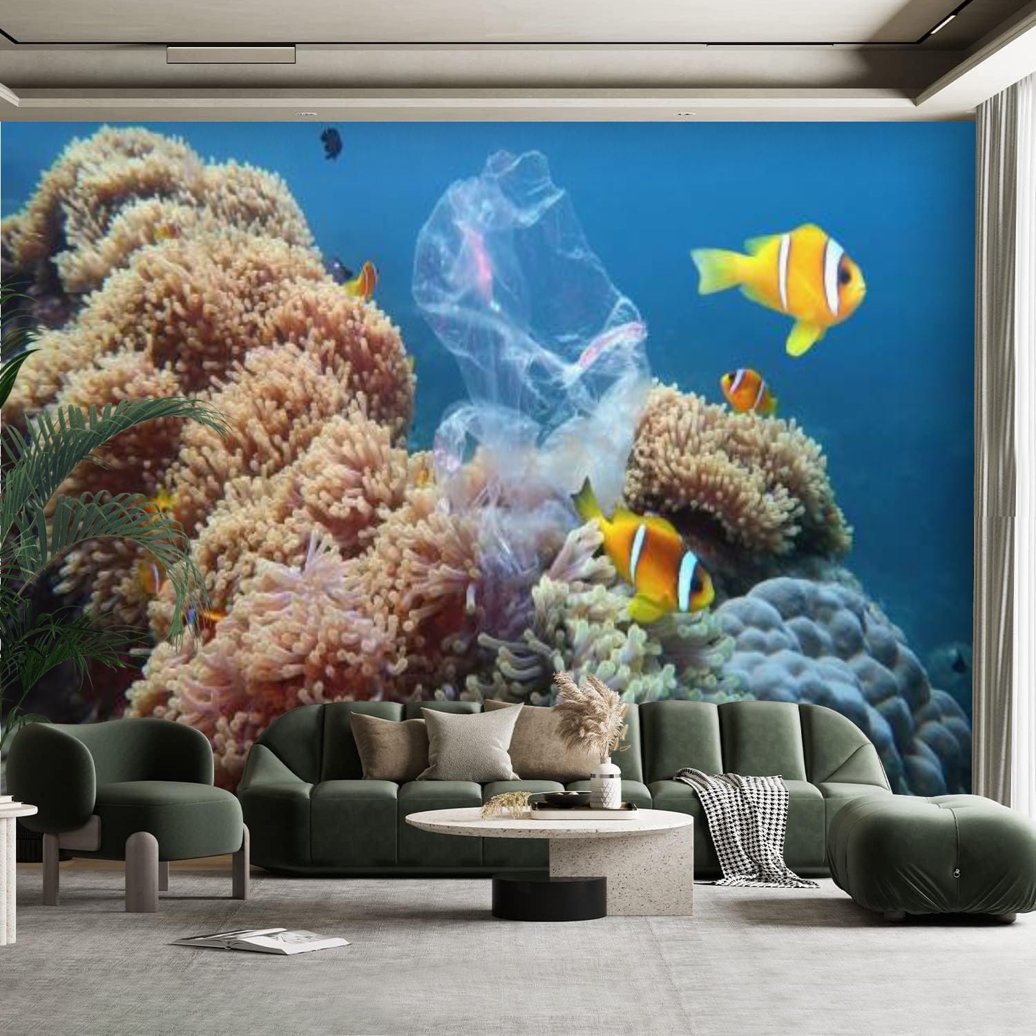 Peel and Stick Canvas Wallpaper Wall Mural Plastic pollution coral reef ...