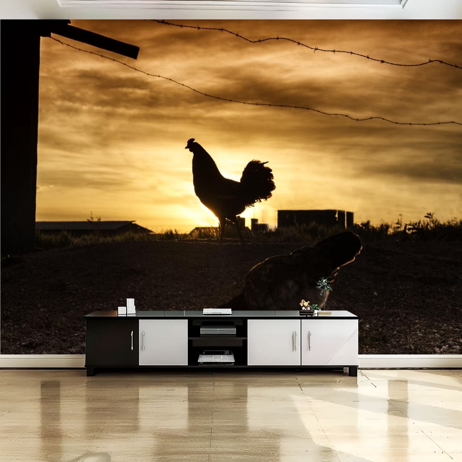 Peel and Stick Canvas Wallpaper Wall Mural Rooster singing sunrise Wall ...