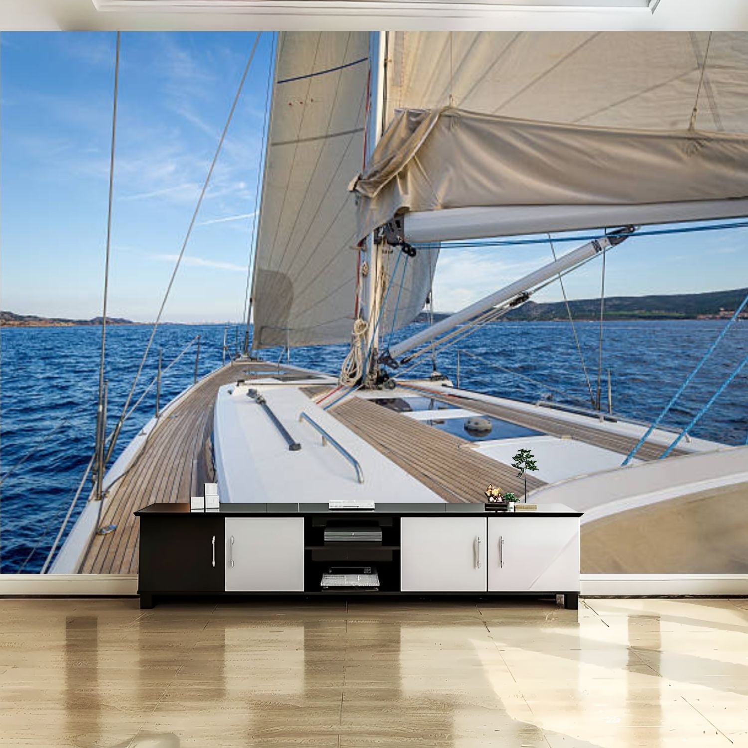 Peel and Stick Canvas Wallpaper Wall Mural Sailing boat teak deck ...