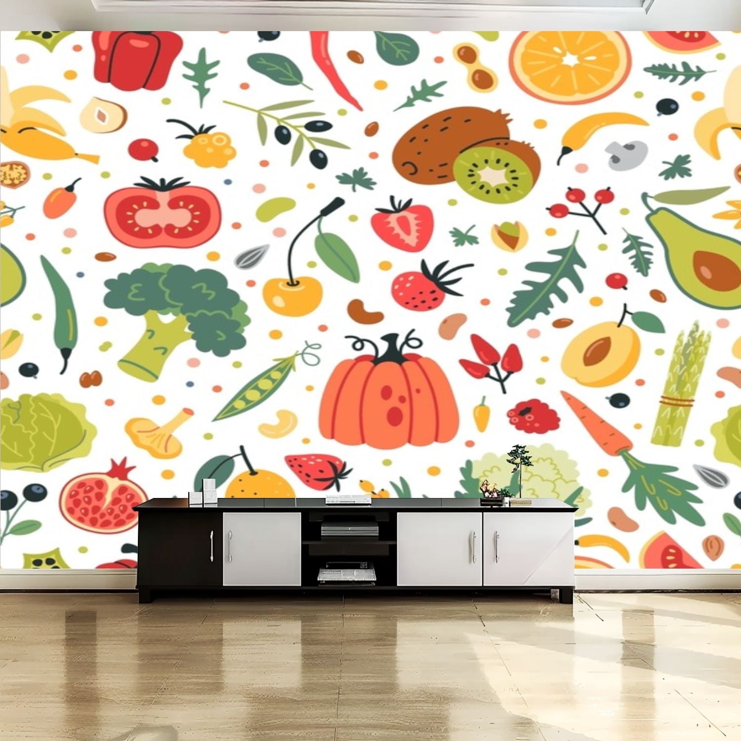 Peel and Stick Canvas Wallpaper Wall Mural Seamless Fruits Vegetables ...