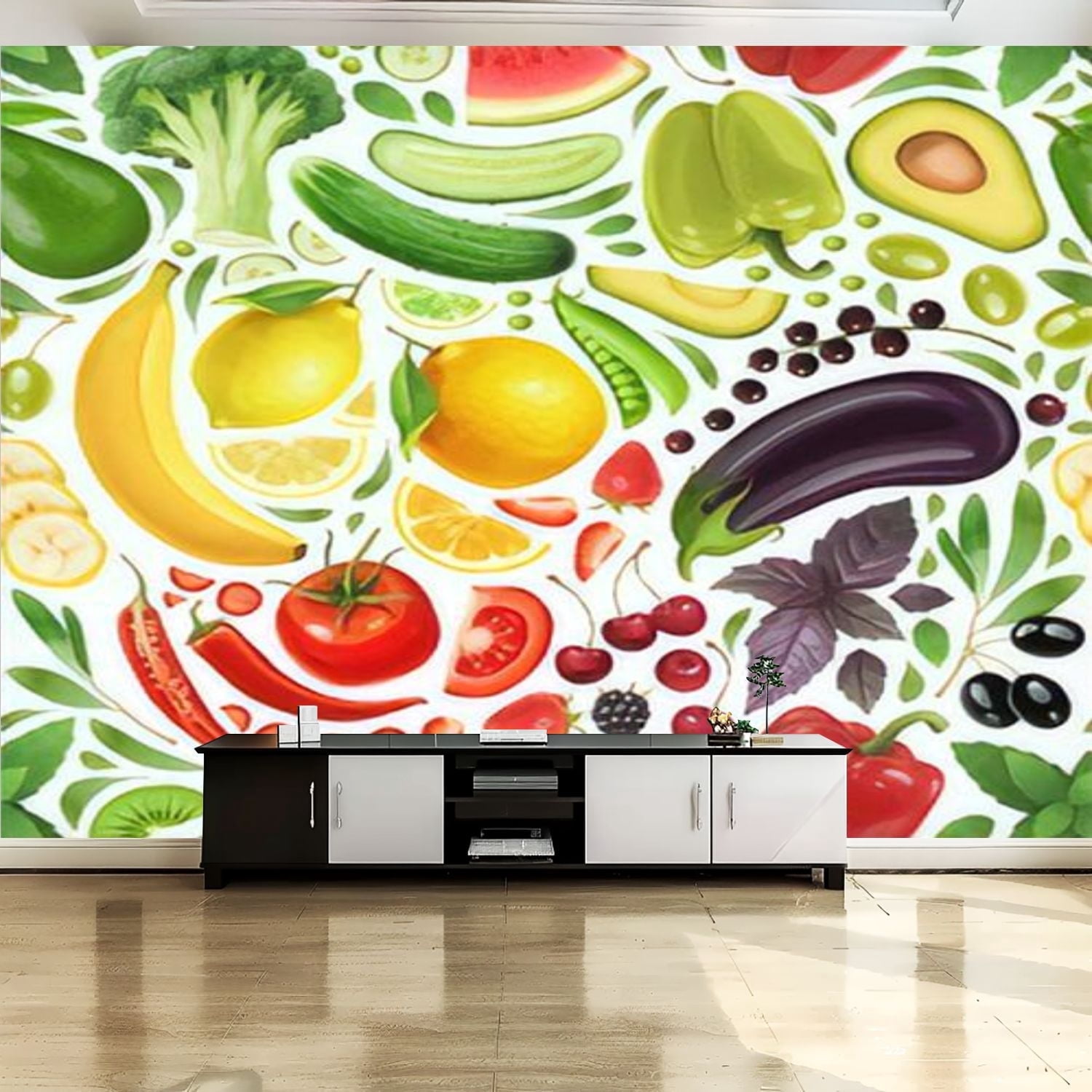 Peel and Stick Canvas Wallpaper Wall Mural Seamless fruits vegetables ...