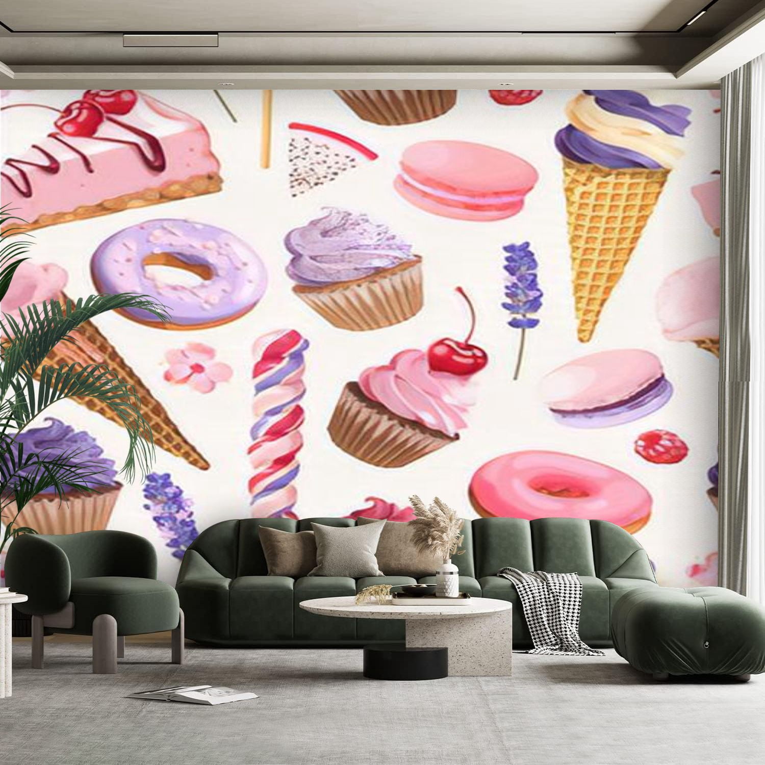 Peel and Stick Canvas Wallpaper Wall Mural Seamless pink lilac sweets ...