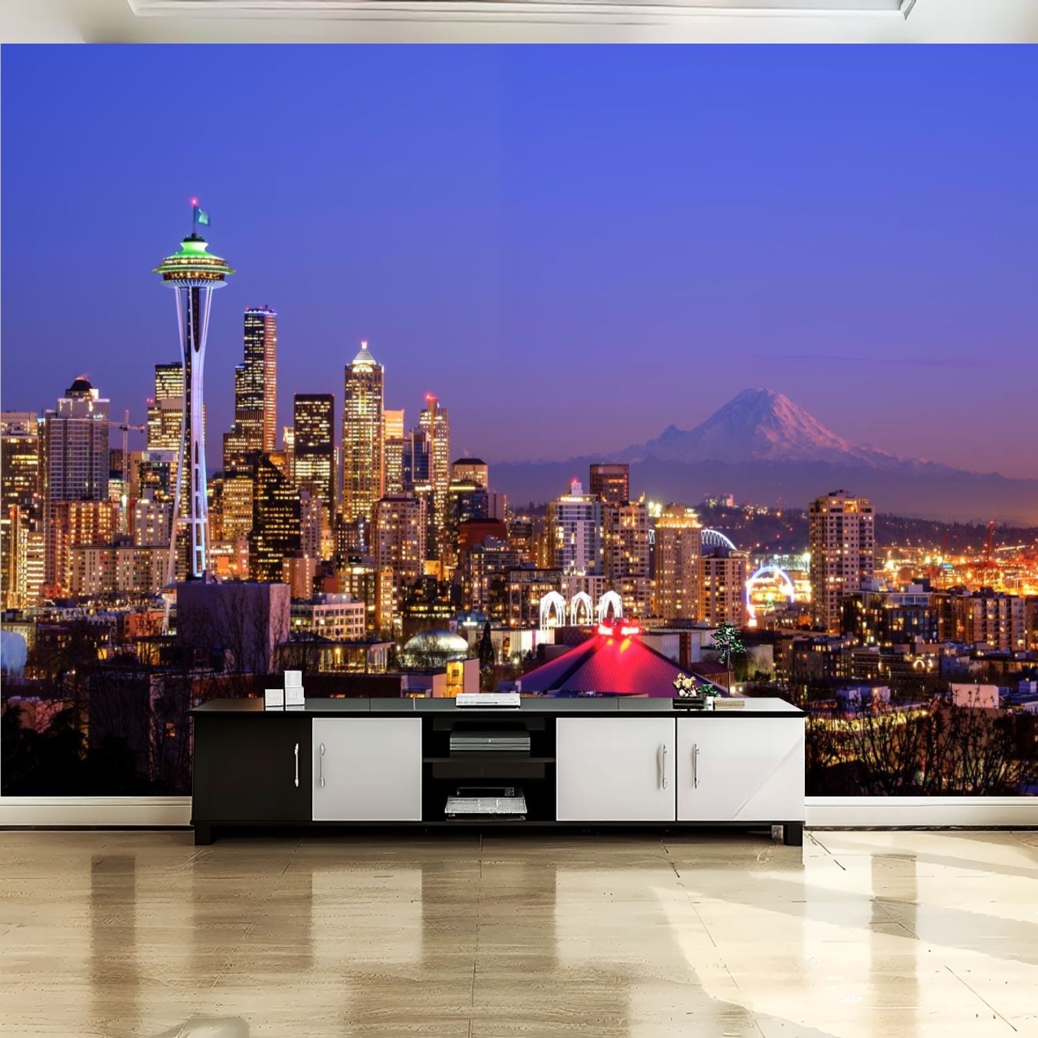 Peel and Stick Canvas Wallpaper Wall Mural Seattle skyline night Mt ...