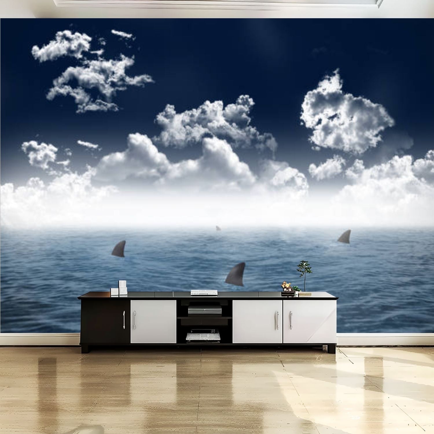Peel and Stick Canvas Wallpaper Wall Mural Shark infested sea under ...
