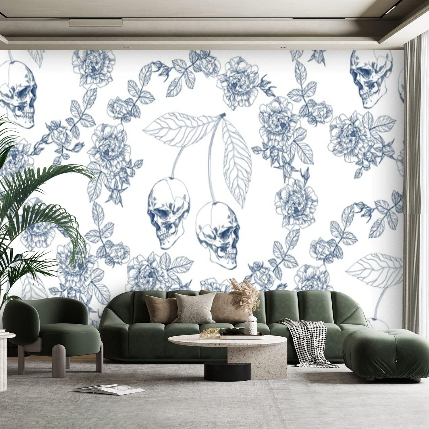 Peel and Stick Canvas Wallpaper Wall Mural Skull cherry vintage pattern roses leaves transparent ...