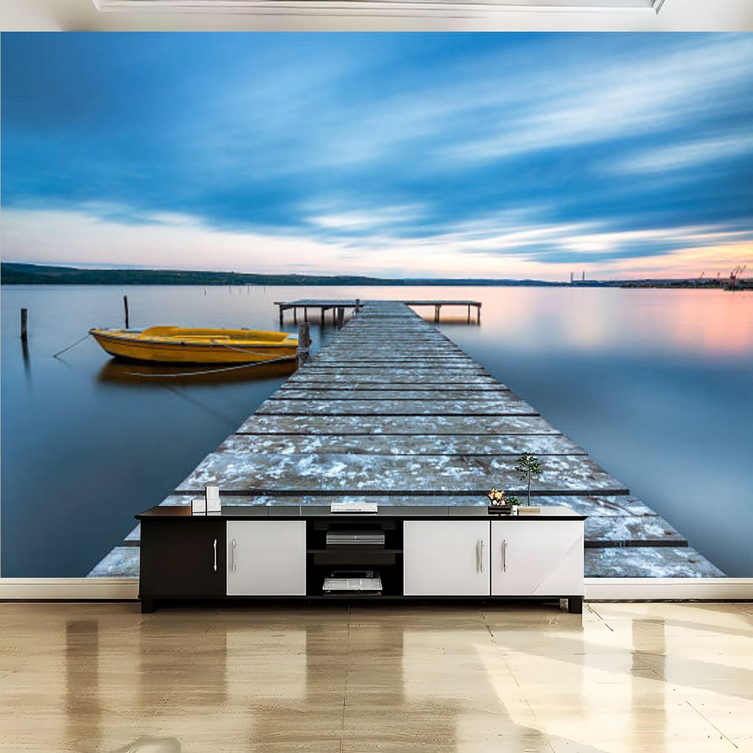 Peel and Stick Canvas Wallpaper Wall Mural Small Dock Boat lake Wall ...