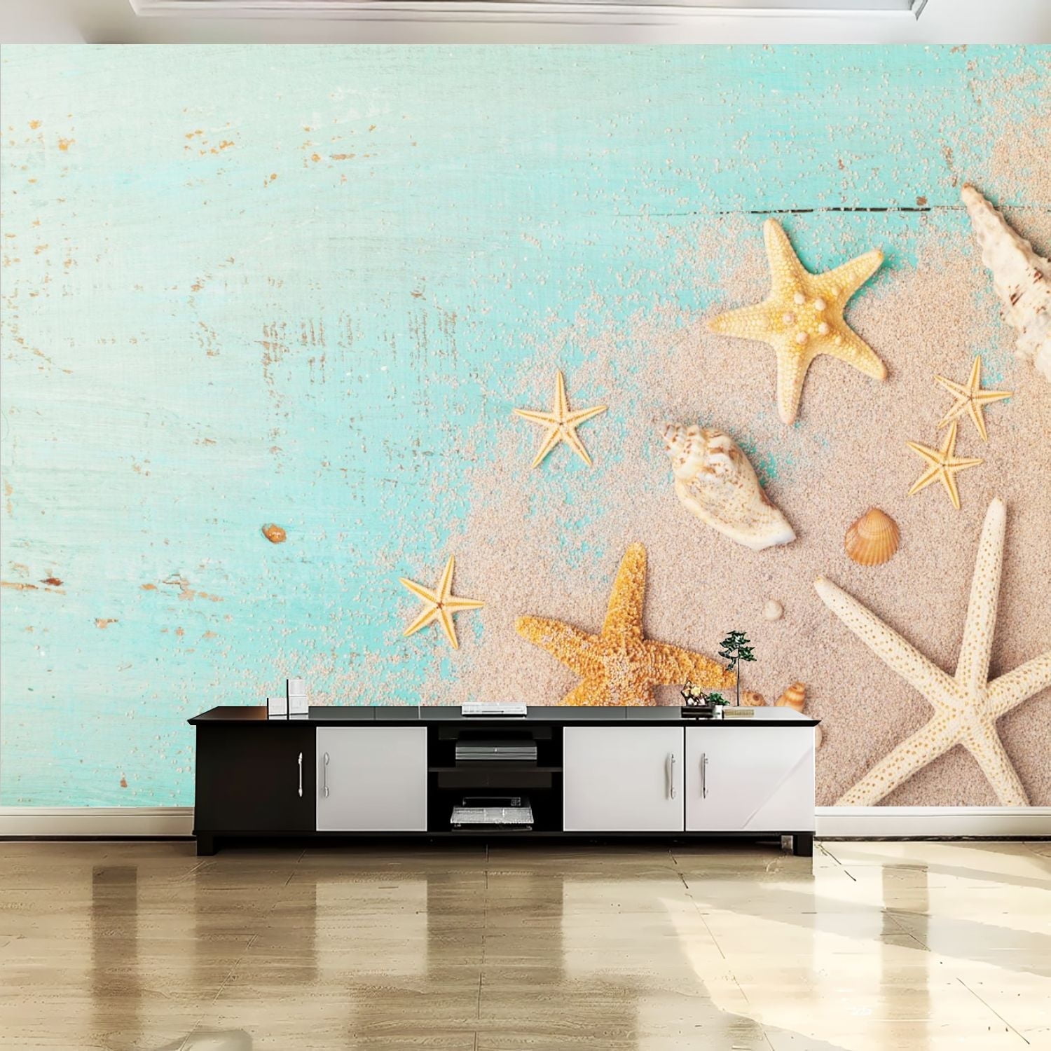 Peel and Stick Canvas Wallpaper Wall Mural Starfishes seashells sand ...