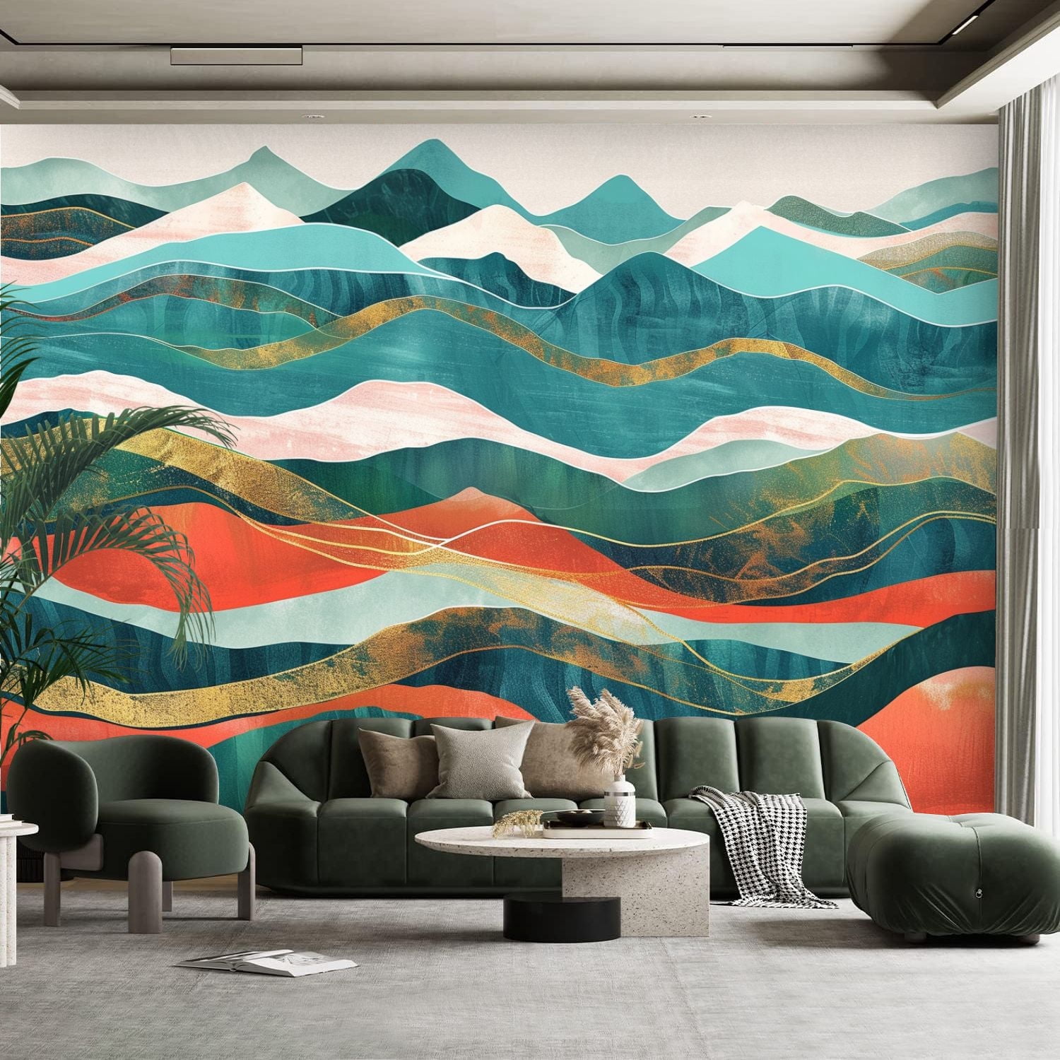 Peel and Stick Canvas Wallpaper Wall Mural Stylized Mountains Mid ...