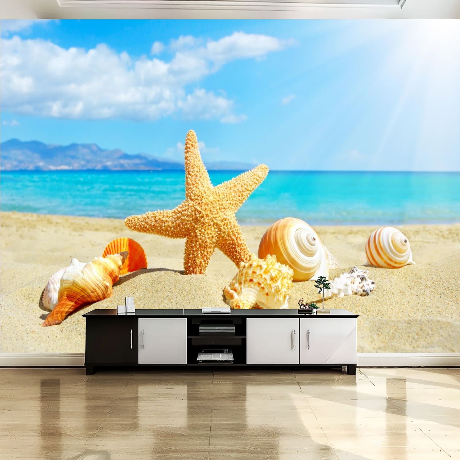 Peel and Stick Canvas Wallpaper Wall Mural Summer beach starfish shells ...