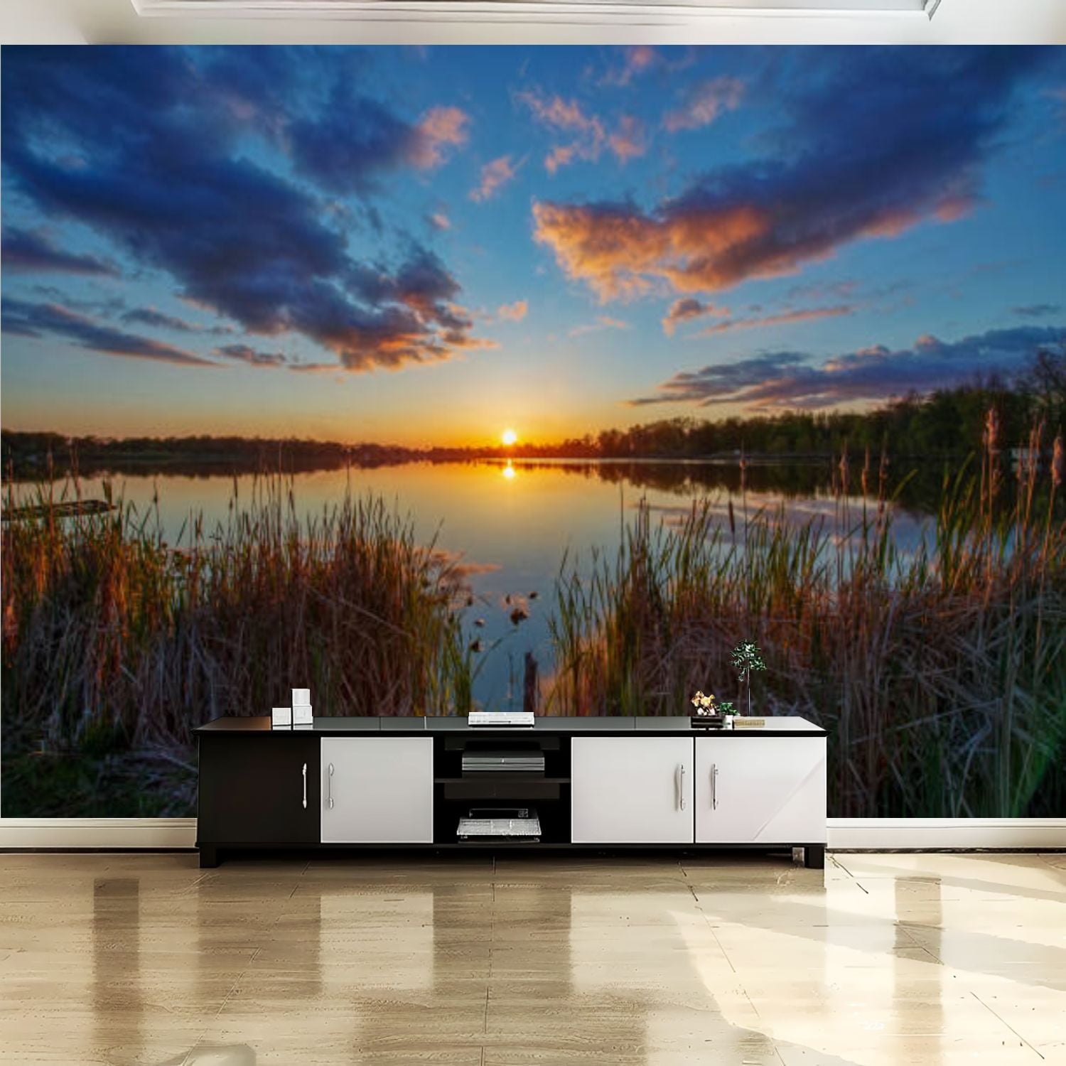 Peel and Stick Canvas Wallpaper Wall Mural Sun Horizon Quiet Water ...