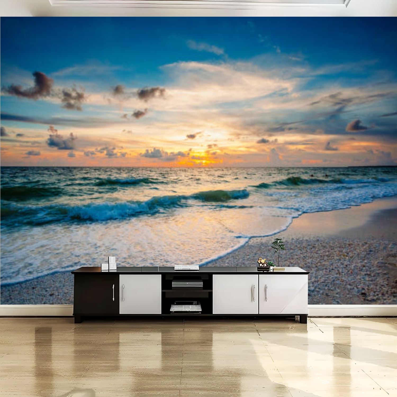 Peel and Stick Canvas Wallpaper Wall Mural Sun Seafoam Shells Wall Art ...