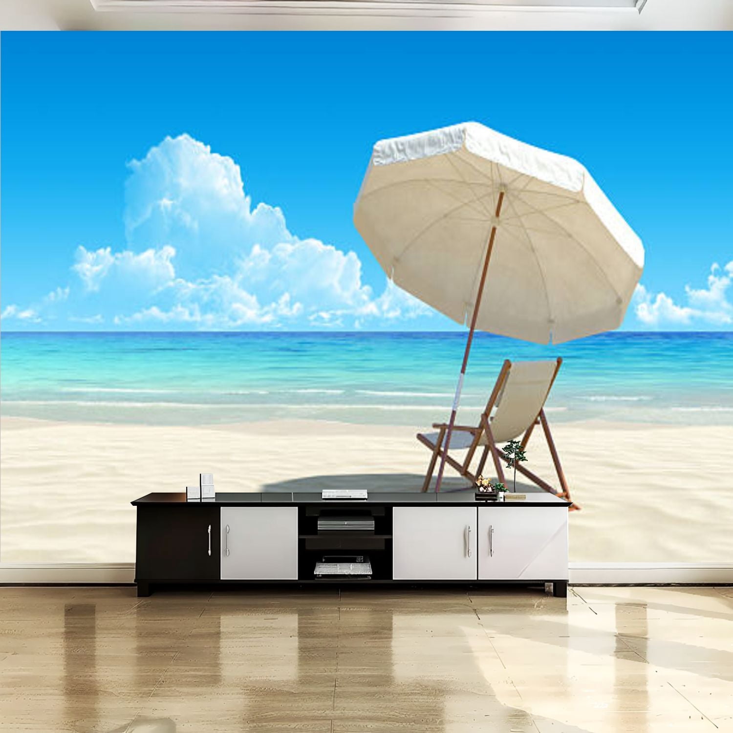 Peel and Stick Canvas Wallpaper Wall Mural Sunlounger umbrella deserted ...