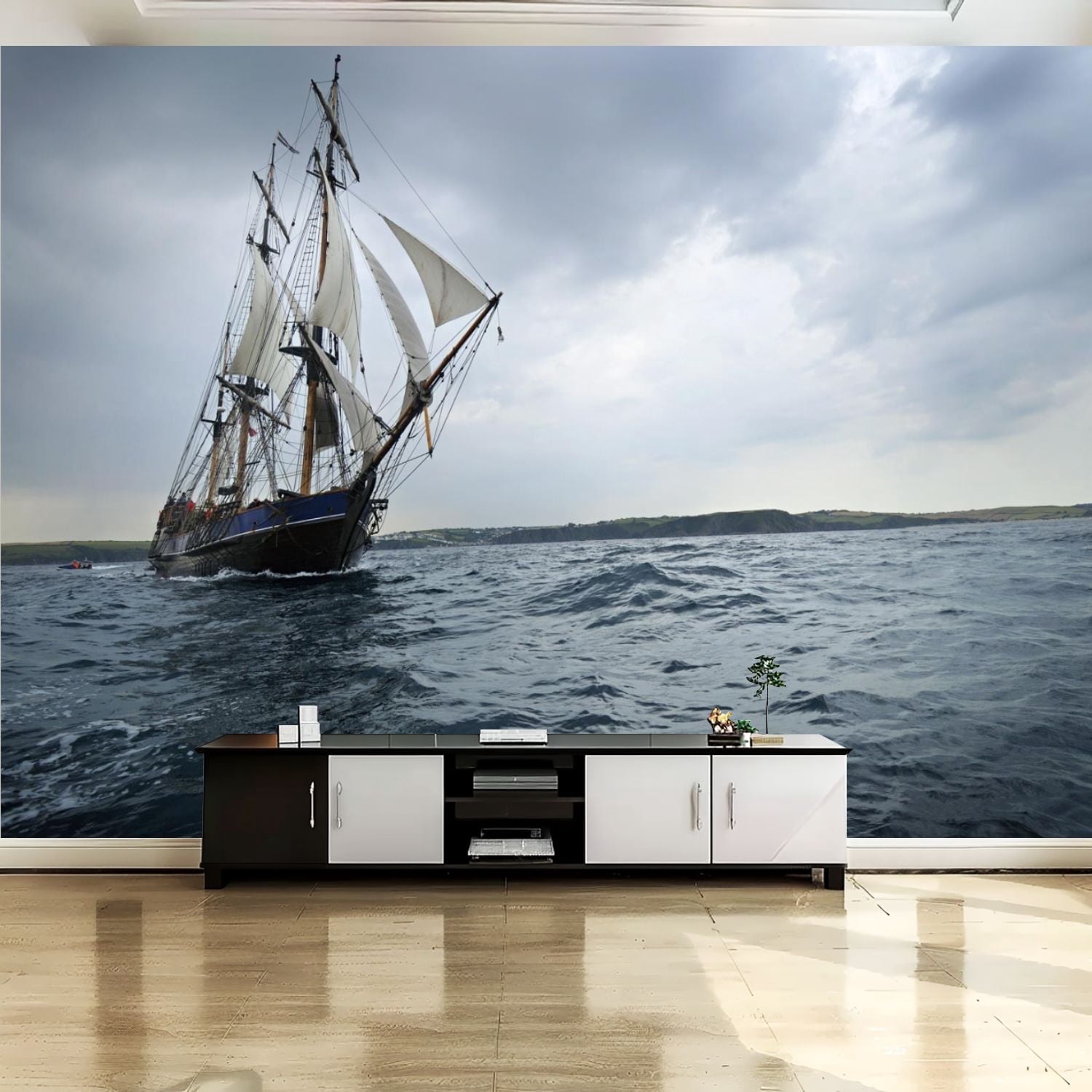 Peel and Stick Canvas Wallpaper Wall Mural Tall ship sailing off ...