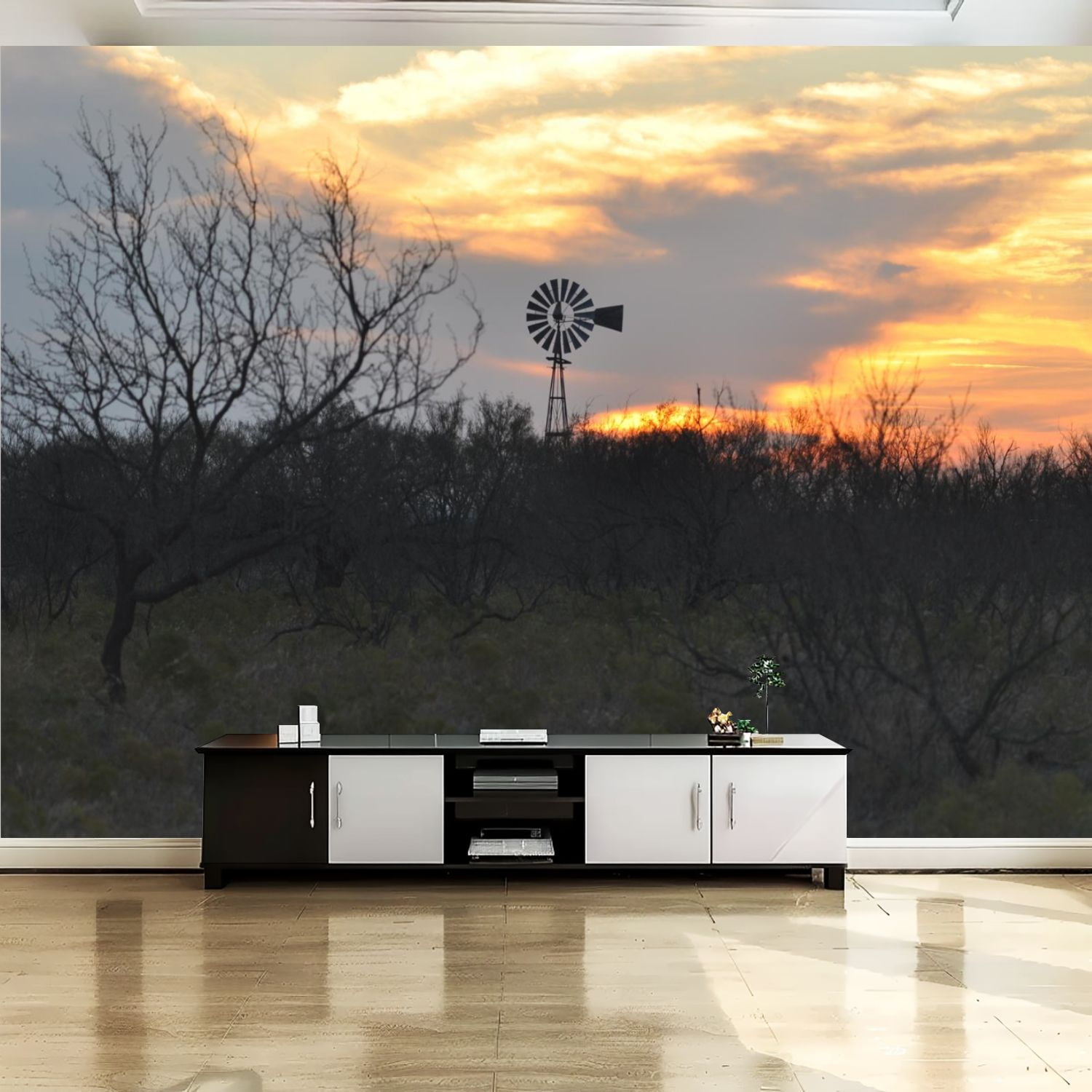 Peel and Stick Canvas Wallpaper Wall Mural Texas Windmill Sunset above ...