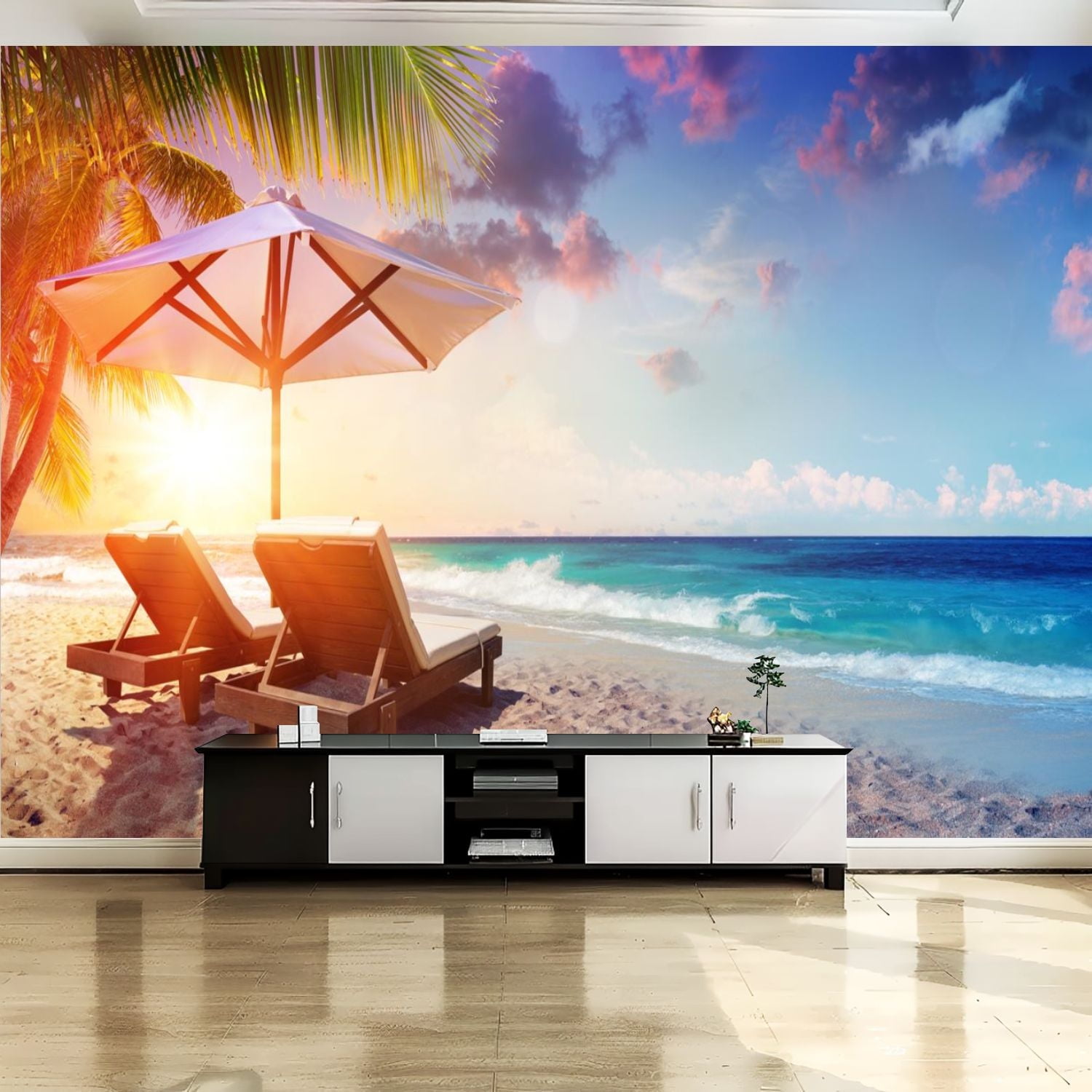 Peel and Stick Canvas Wallpaper Wall Mural Two Deckchairs Under Parasol ...