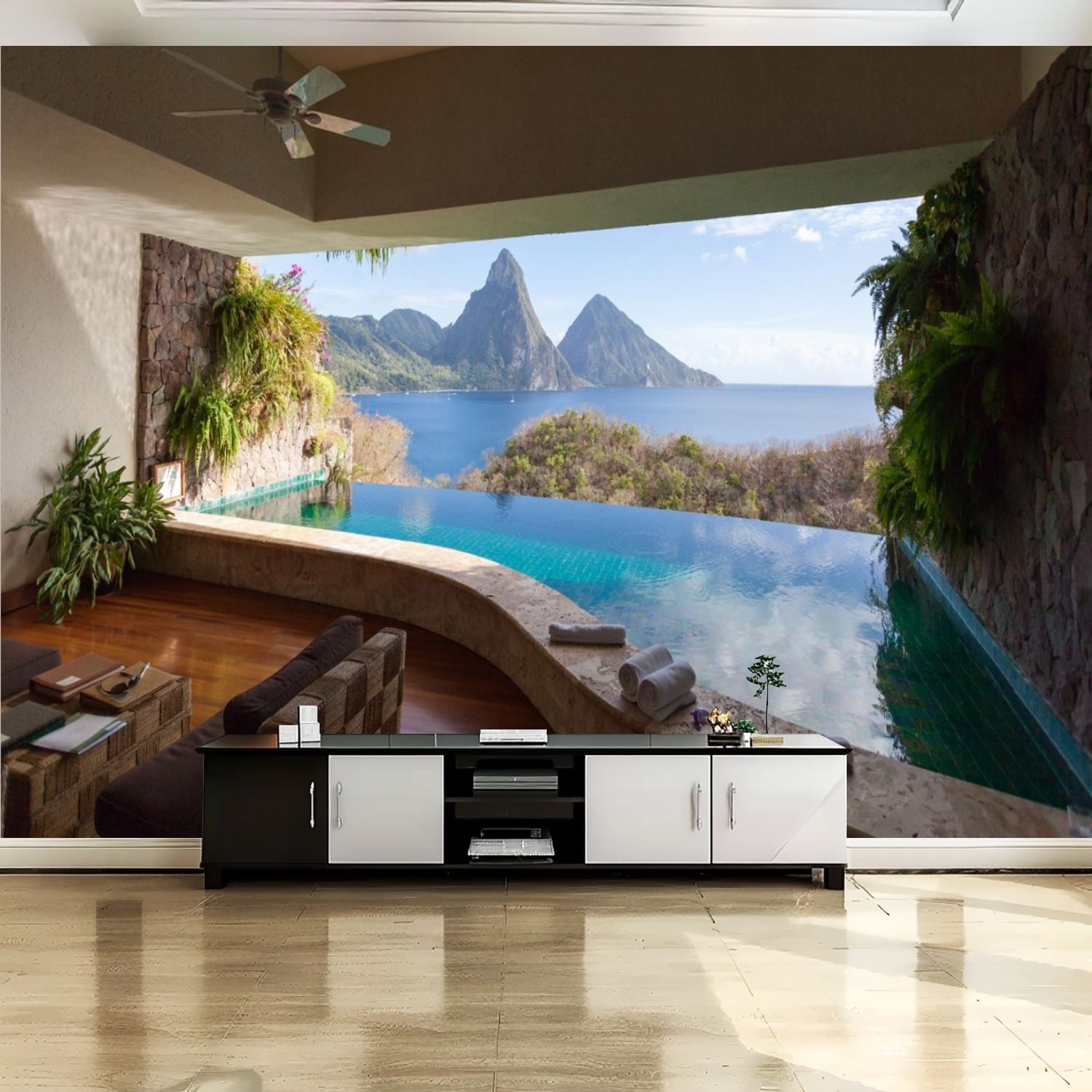 Peel and Stick Canvas Wallpaper Wall Mural View St Lucian Twin Pitons ...