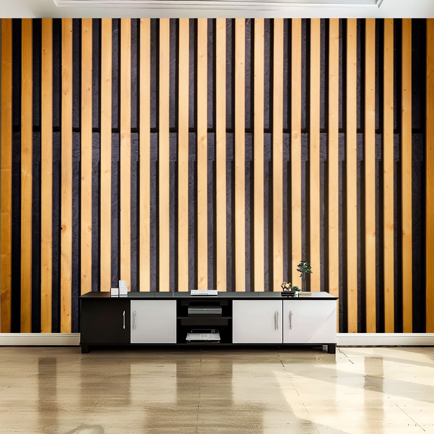 Peel and Stick Canvas Wallpaper Wall Mural Wall thin wooden slats ...