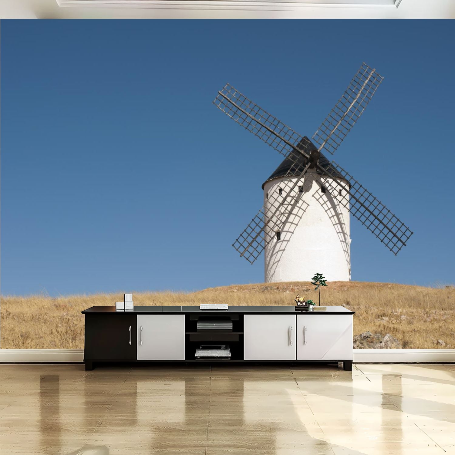 Peel and Stick Canvas Wallpaper Wall Mural White ancient windmill Blue ...