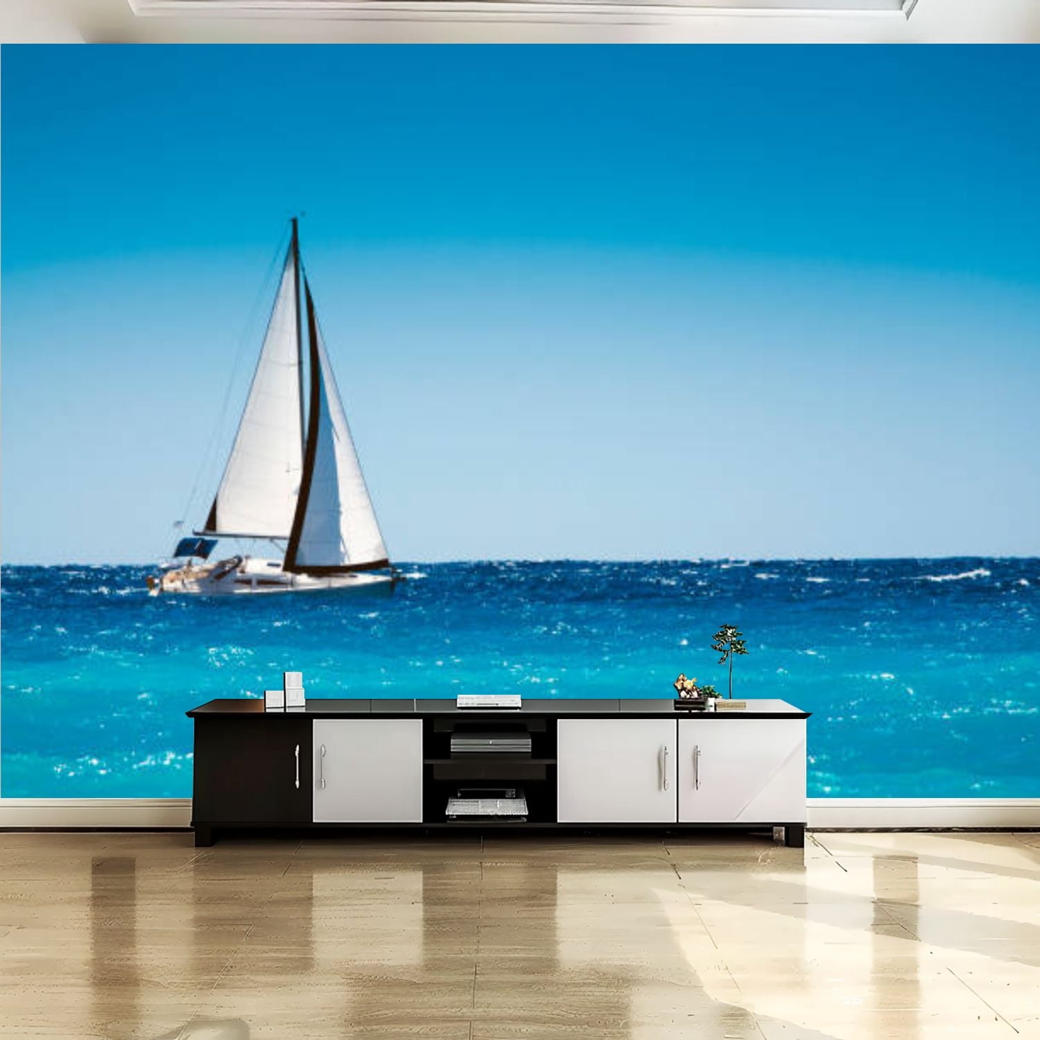 Peel and Stick Canvas Wallpaper Wall Mural White boat sailing open blue ...