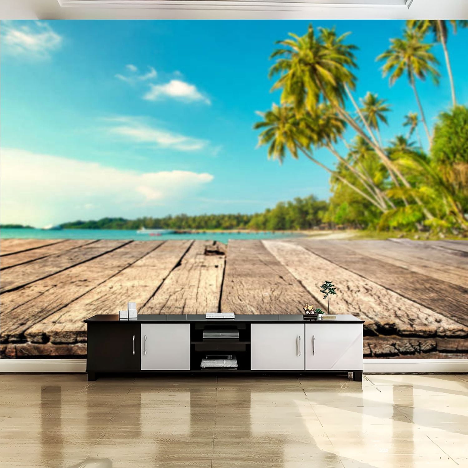 Peel and Stick Canvas Wallpaper Wall Mural Wood table blurred sea ...