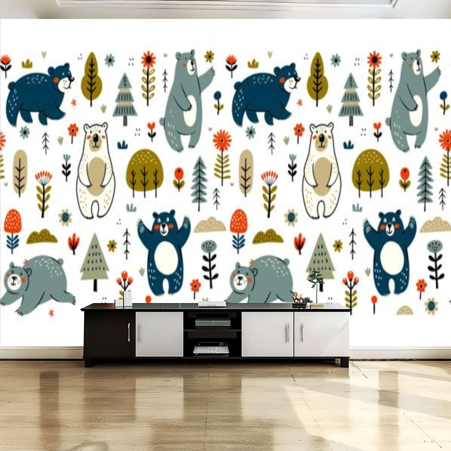 Peel and Stick Canvas Wallpaper Wall Mural Woodland Bears Autumn Colors ...