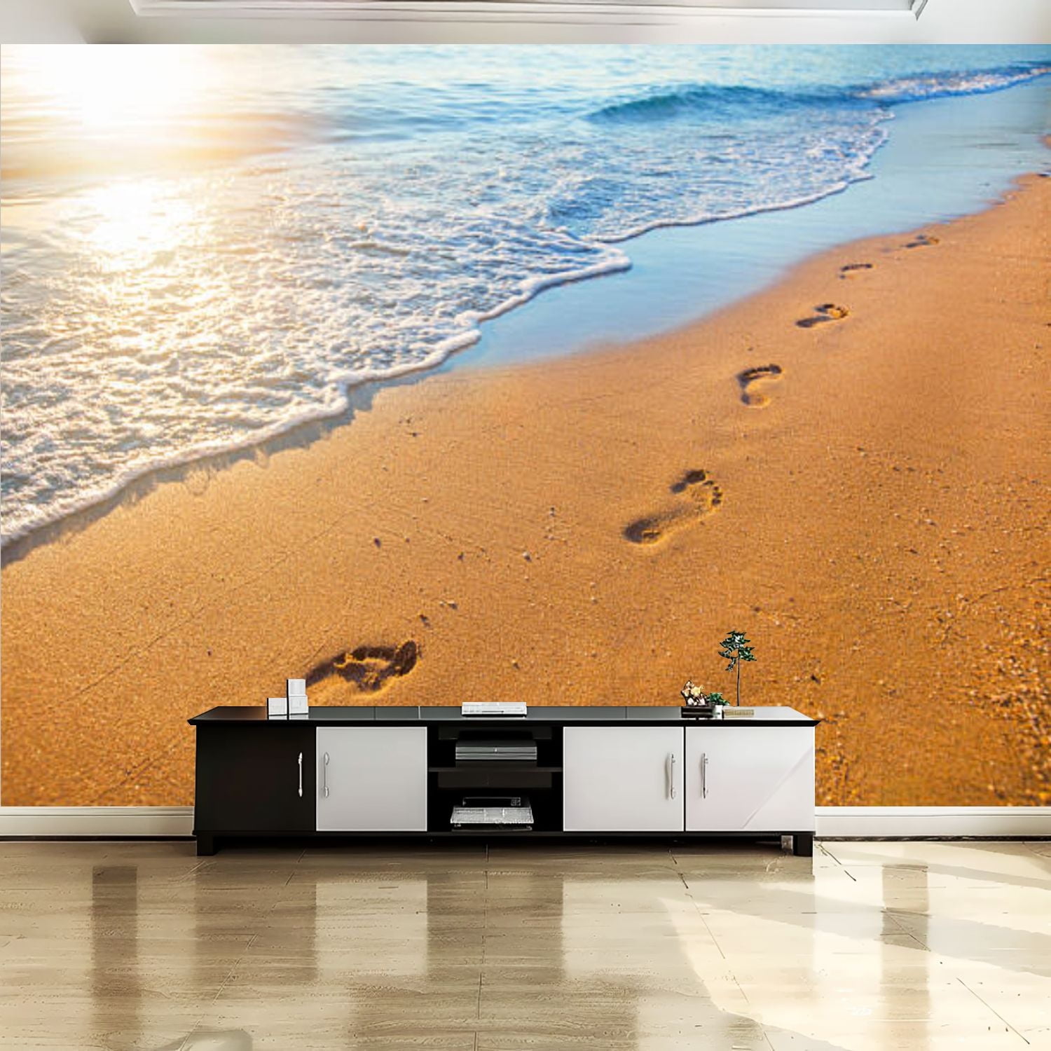 Peel and Stick Canvas Wallpaper Wall Mural beach wave footprints sunset ...