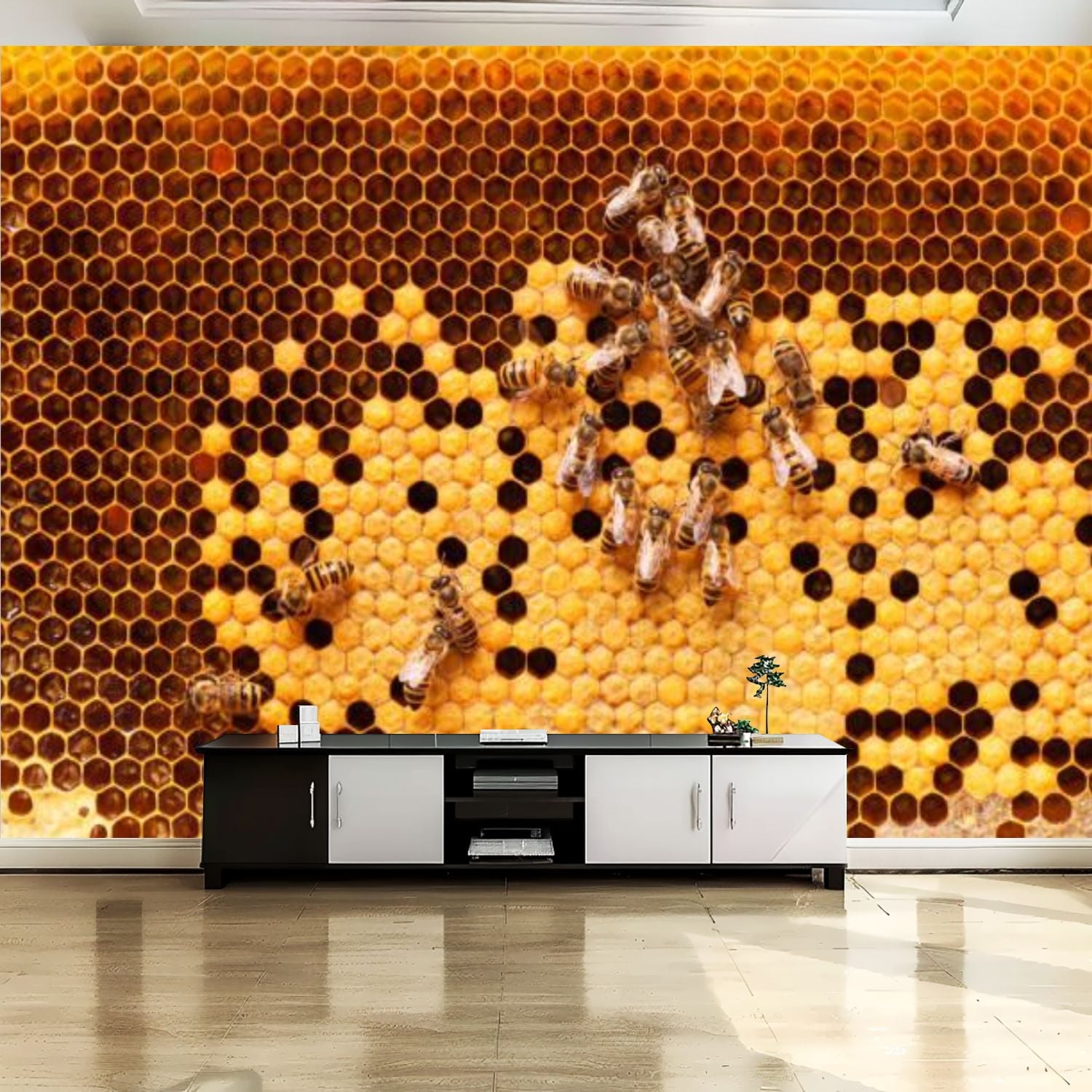 Peel and Stick Canvas Wallpaper Wall Mural bees working honeycomb ...