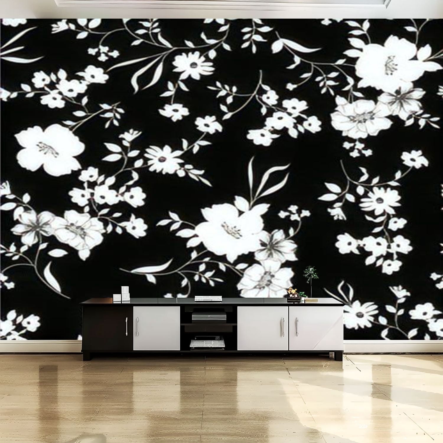 Peel and Stick Canvas Wallpaper Wall Mural black white vintage flower ...