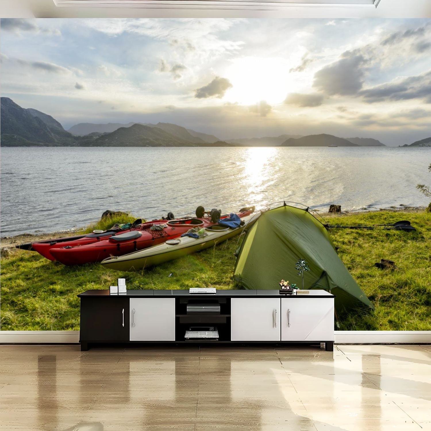 Peel and Stick Canvas Wallpaper Wall Mural camping kayaking fjord ...