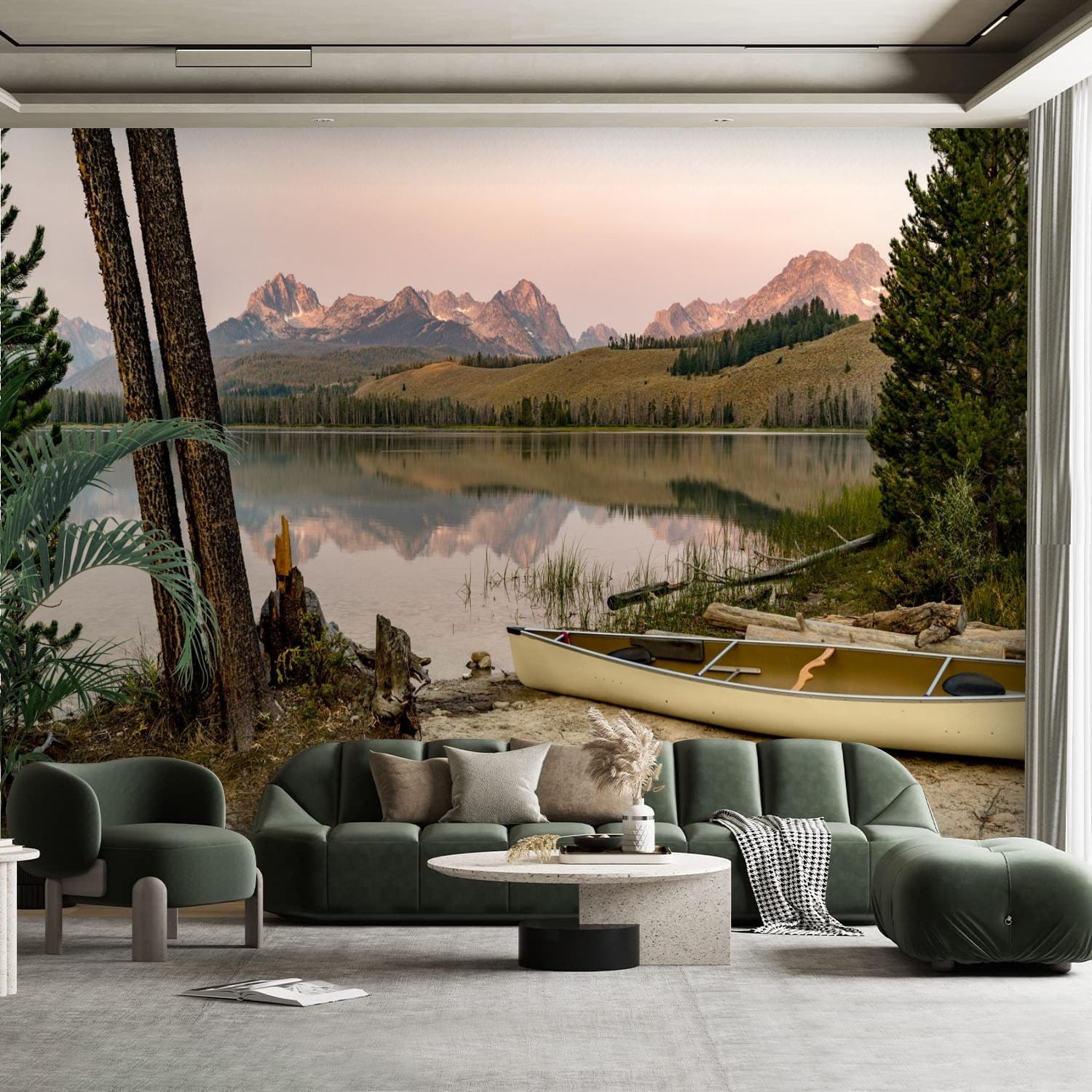 Peel and Stick Canvas Wallpaper Wall Mural canoe parked shore an idaho ...