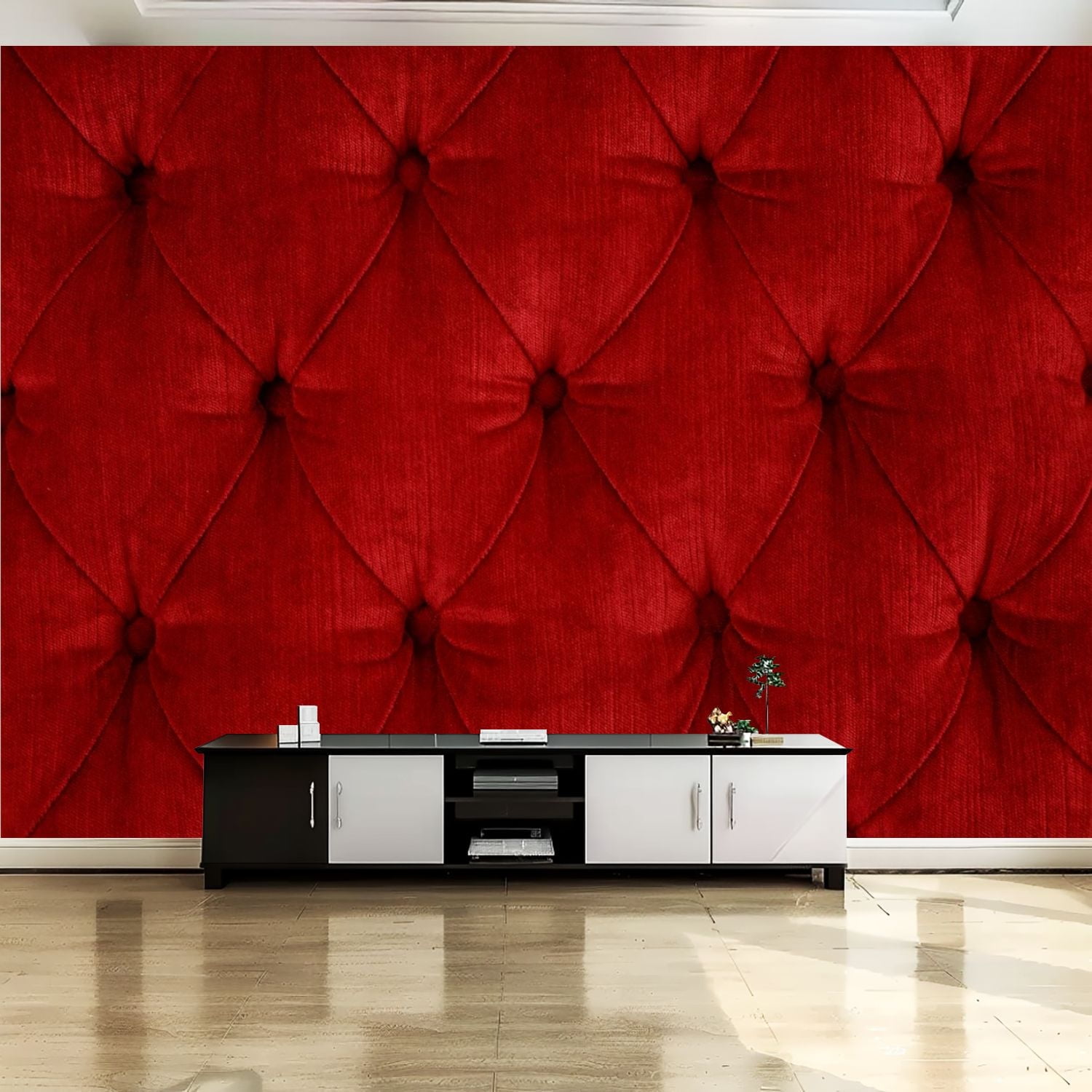 Peel and Stick Canvas Wallpaper Wall Mural close up red quilted velvet ...