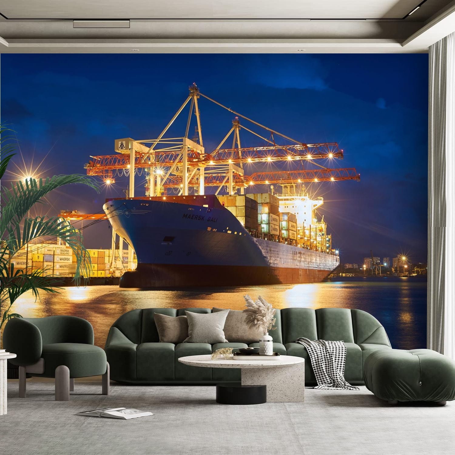 Peel and Stick Canvas Wallpaper Wall Mural container ships balli night ...