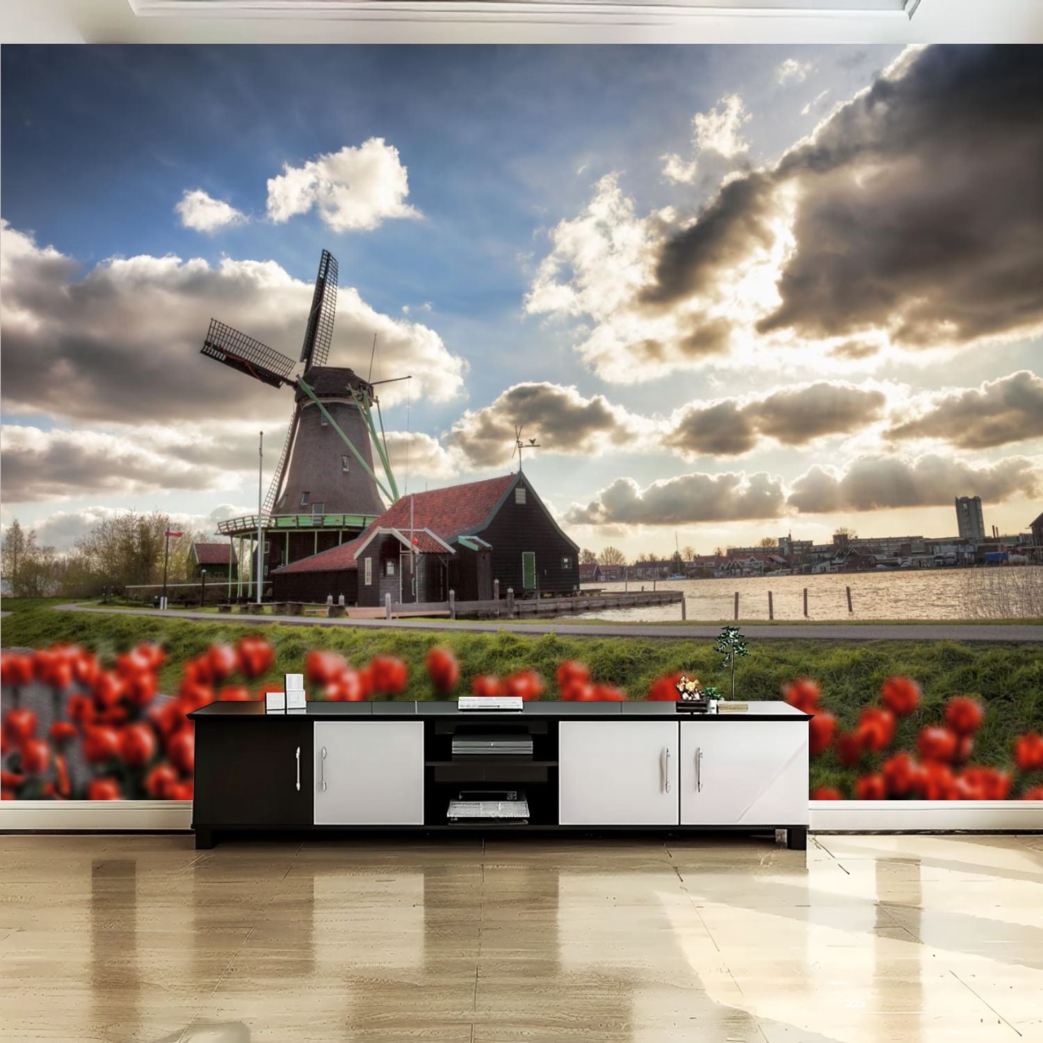 Peel and Stick Canvas Wallpaper Wall Mural dutch windmills red tulips ...