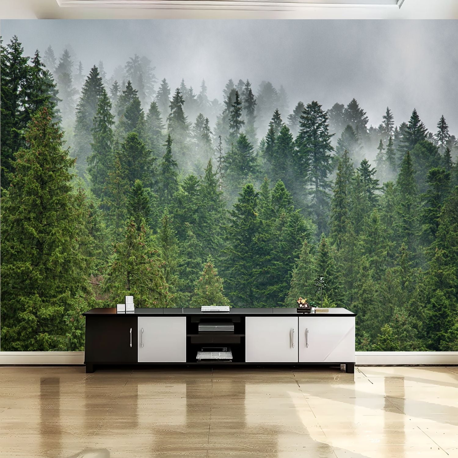 Peel and Stick Canvas Wallpaper Wall Mural fog rain clouds pine forest Wall Art Self Adhesive ...
