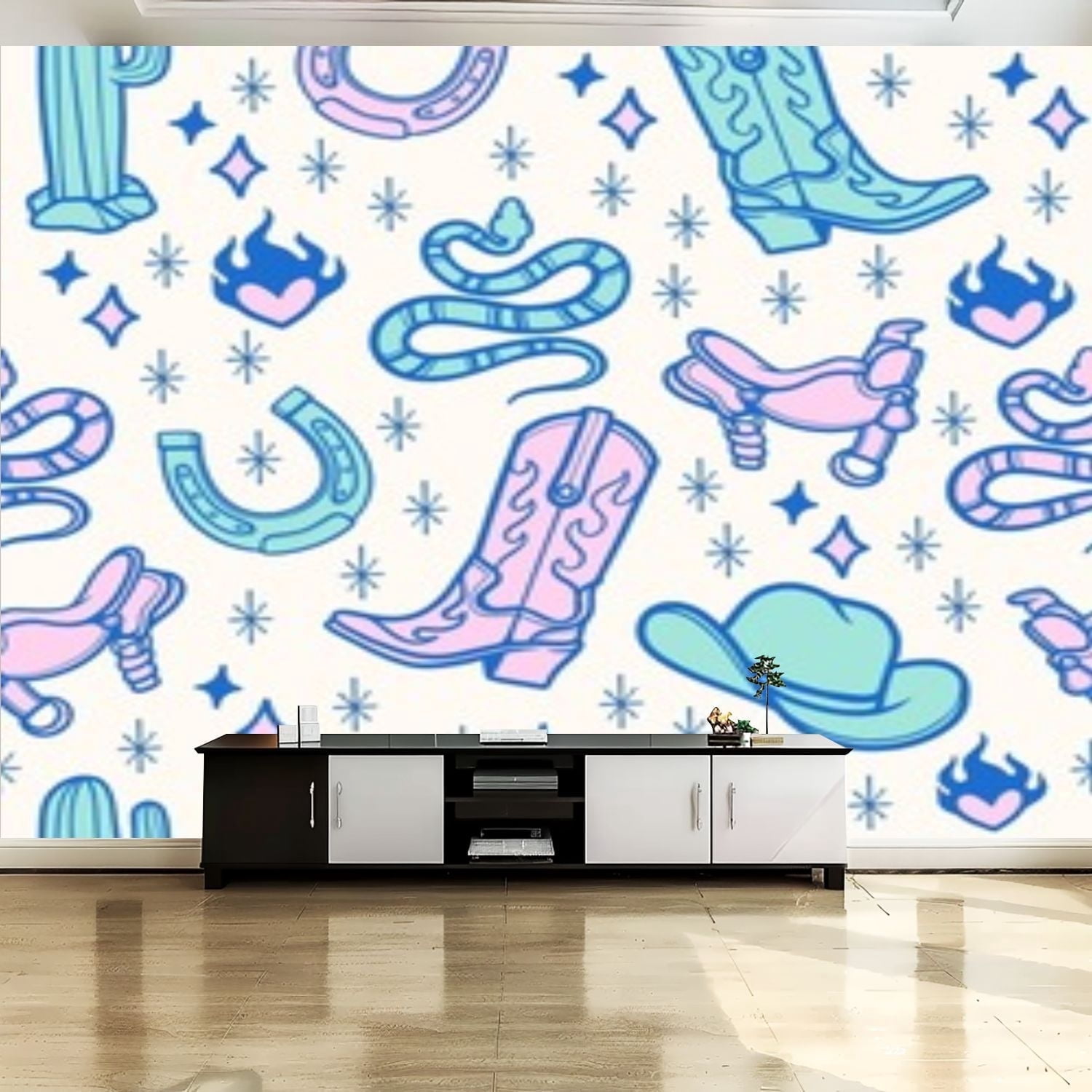 Peel and Stick Canvas Wallpaper Wall Mural hand drawn cowboy pattern ...
