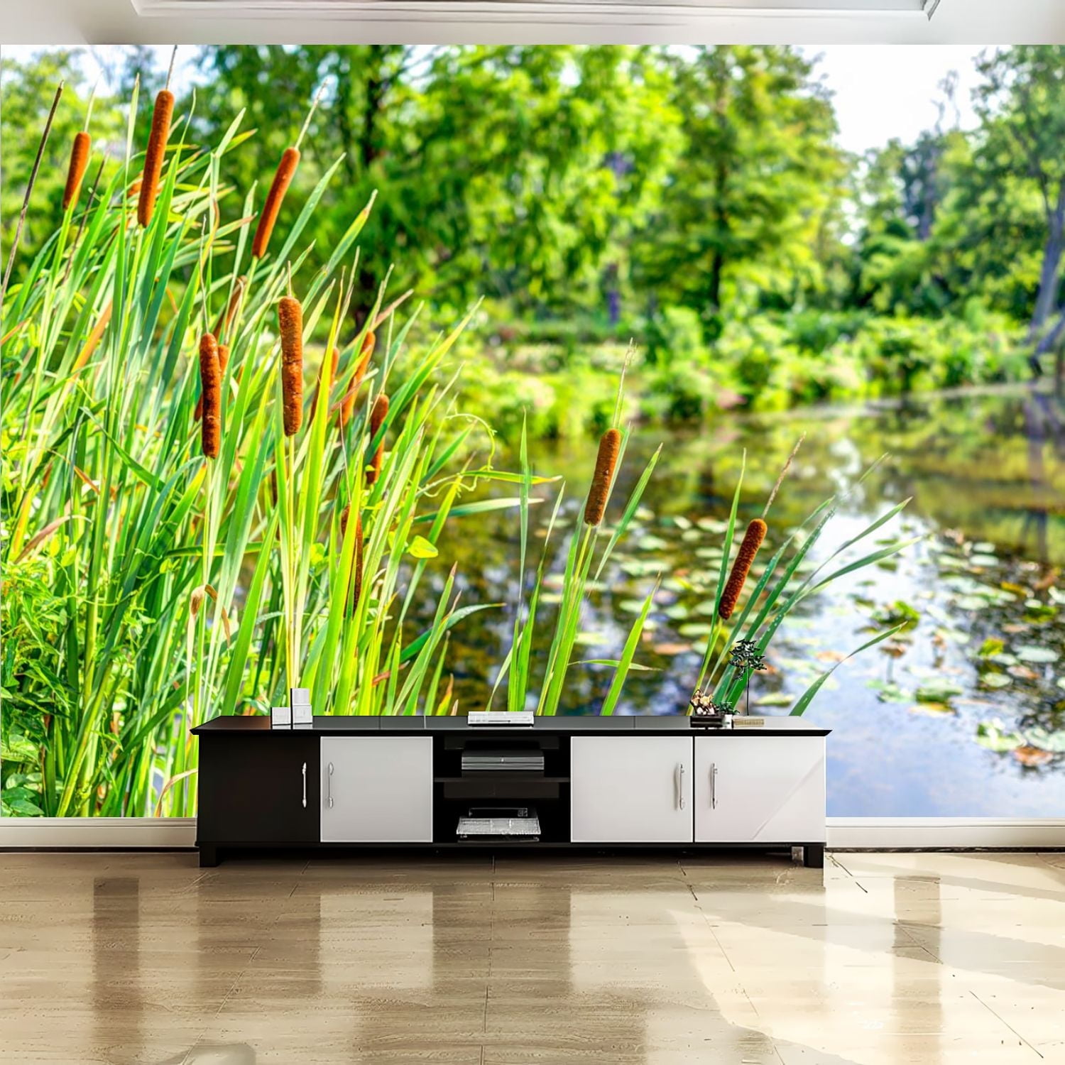 Peel and Stick Canvas Wallpaper Wall Mural pond cattails summer ...