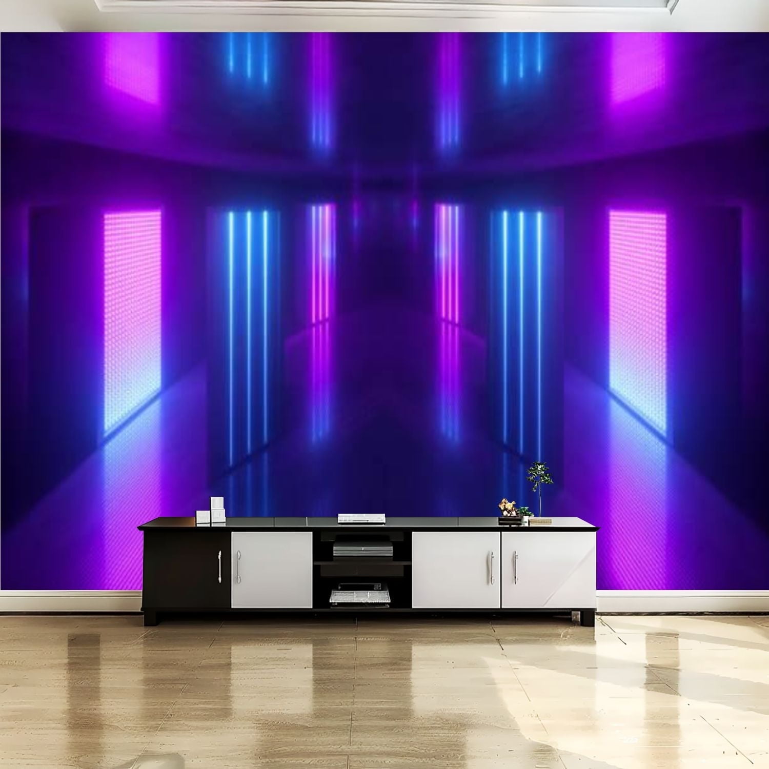 Peel and Stick Canvas Wallpaper Wall Mural render blue violet neon abstract light night club ...