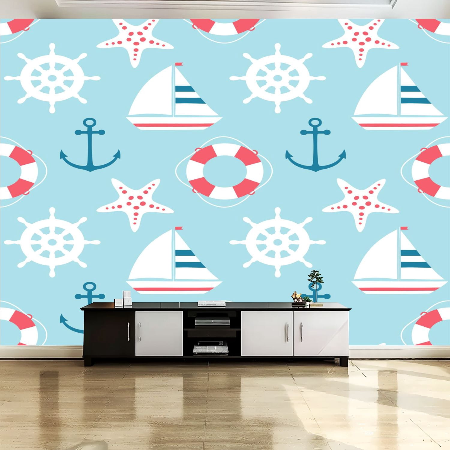 Peel and Stick Canvas Wallpaper Wall Mural seamless sea pattern cute ...