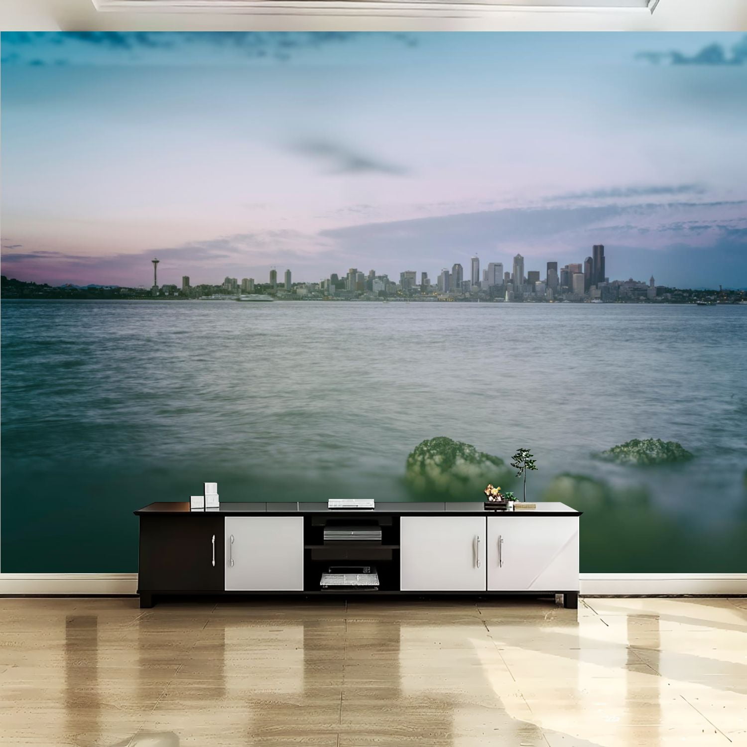 Peel and Stick Canvas Wallpaper Wall Mural seattle skyline night harbor ...