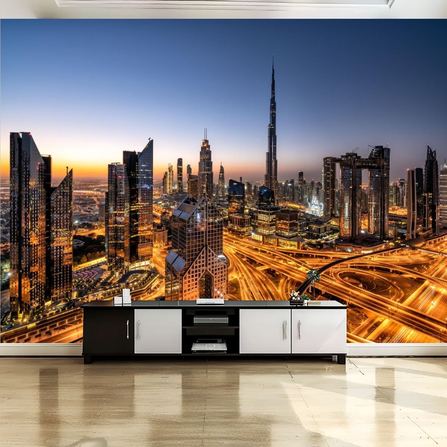 Peel and Stick Canvas Wallpaper Wall Mural skyline sunrise traffic junction burj khalifa uaes ...