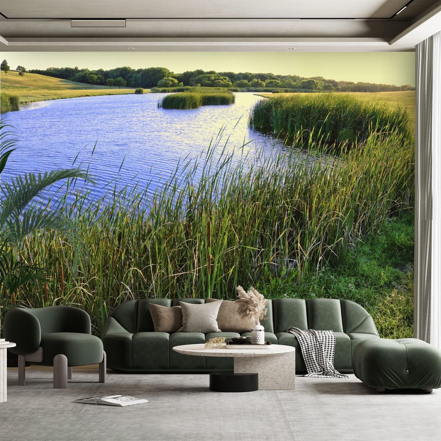 Peel and Stick Canvas Wallpaper Wall Mural summer lake cattails Wall ...