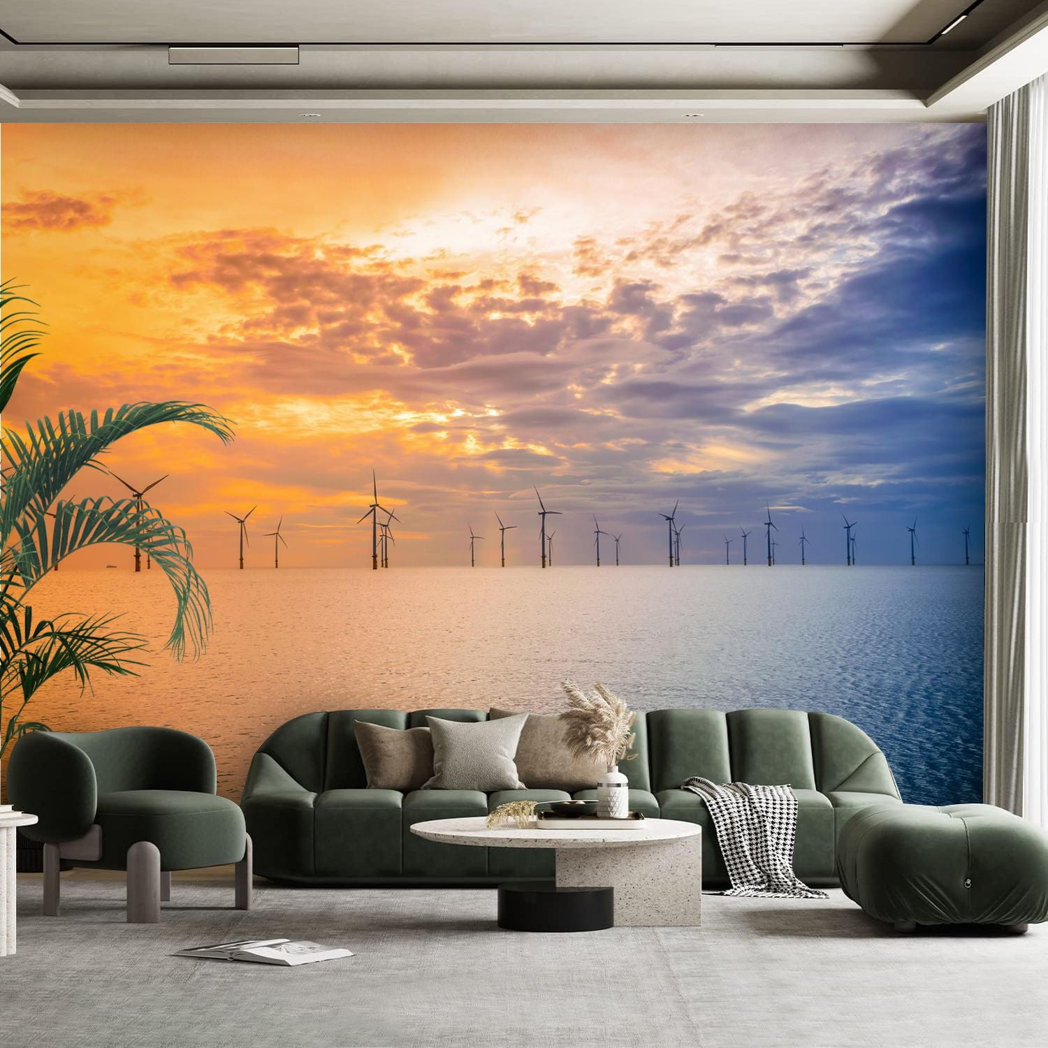 Peel and Stick Canvas Wallpaper Wall Mural sunset offshore wind turbine ...