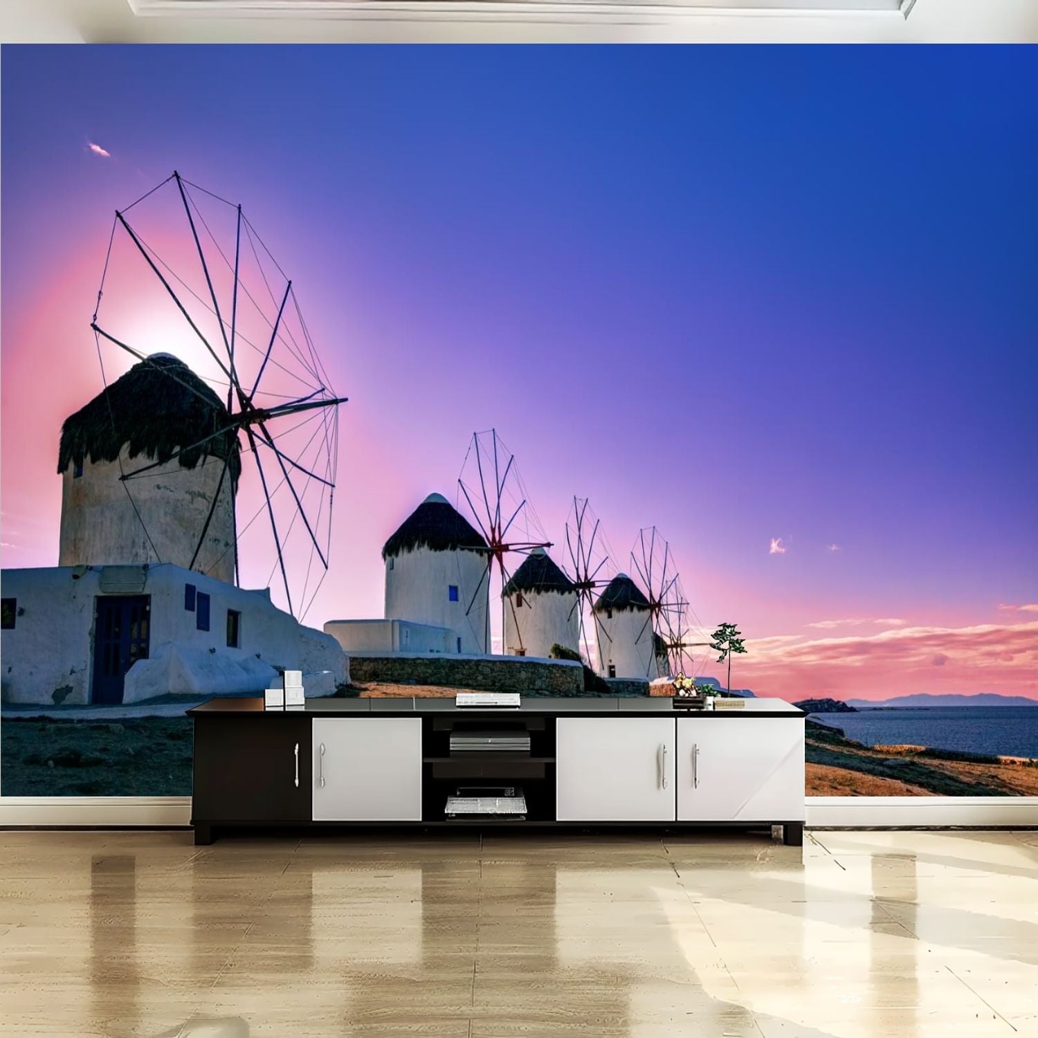 Peel and Stick Canvas Wallpaper Wall Mural traditional windmills symbol mykonos sunset greece ...
