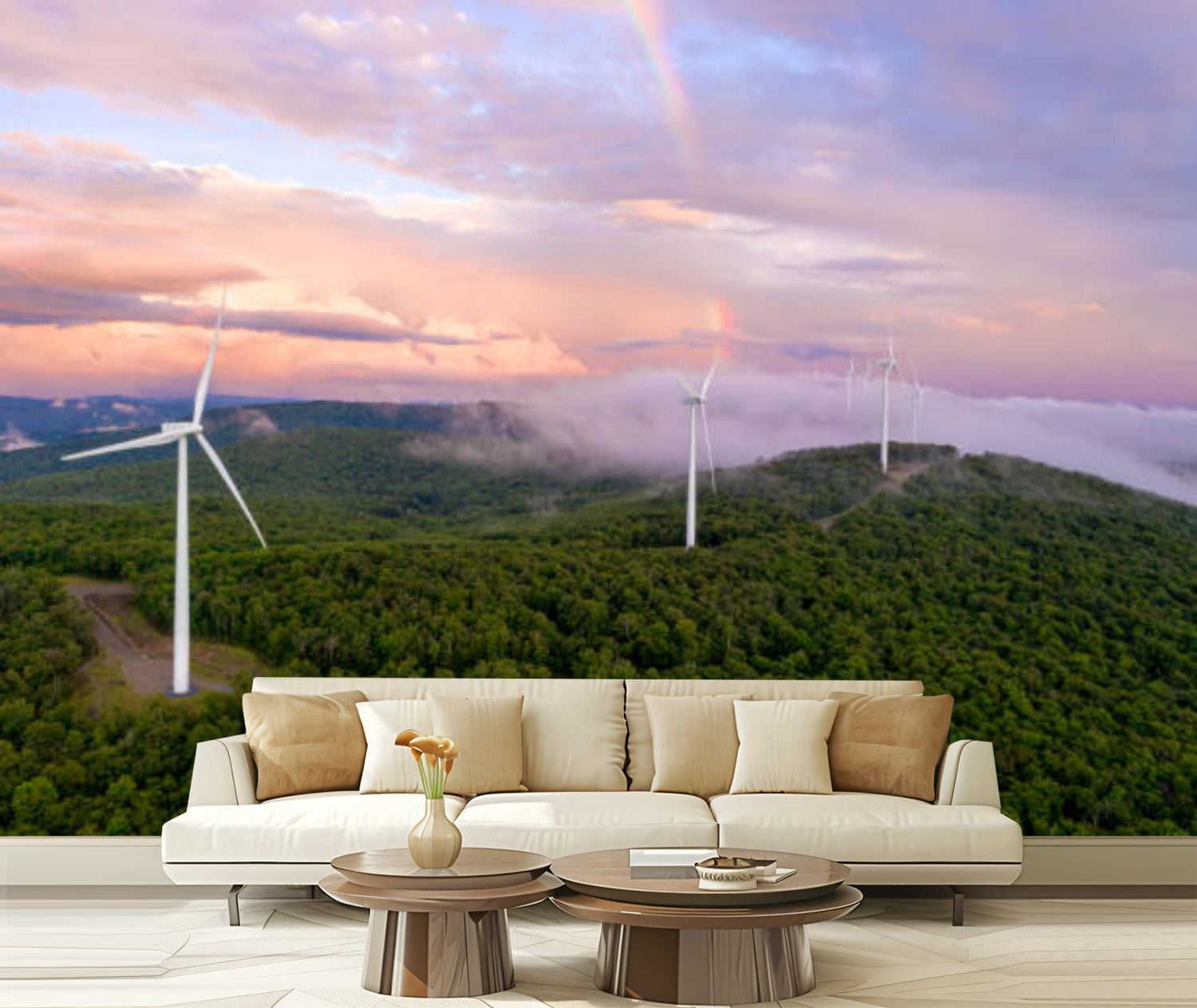 Peel and Stick Canvas Wallpaper Wind Turbines Mountain Ridge Sunset ...