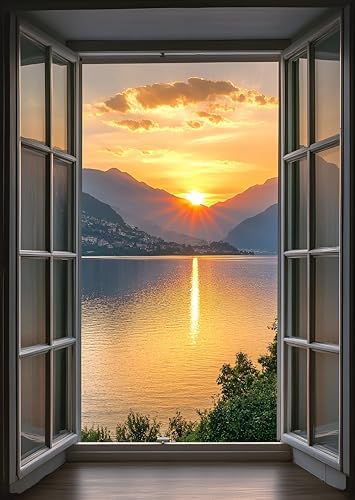 Peel and Stick Fake Window-Stunning Lake Sunset View with Golden ...