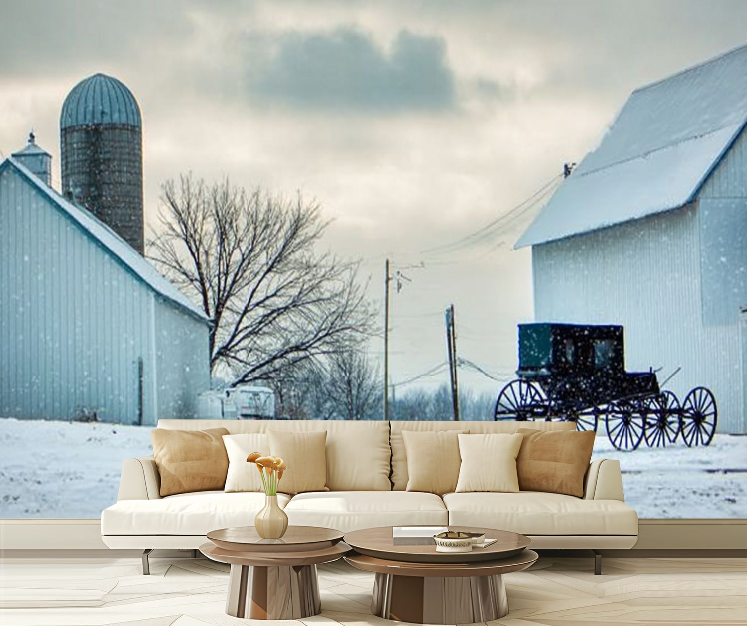 Peel and Stick Wallpaper Black White World Amish Carriage Winter Snow ...
