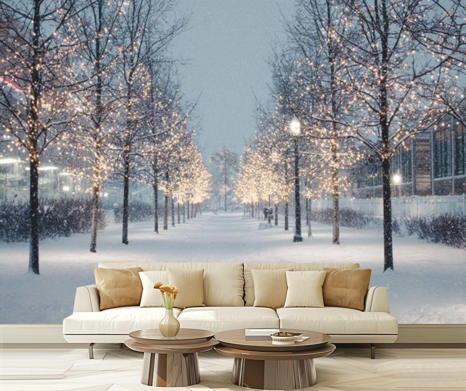 Peel and Stick Wallpaper Blurred winter tree alley falling snow shining ...