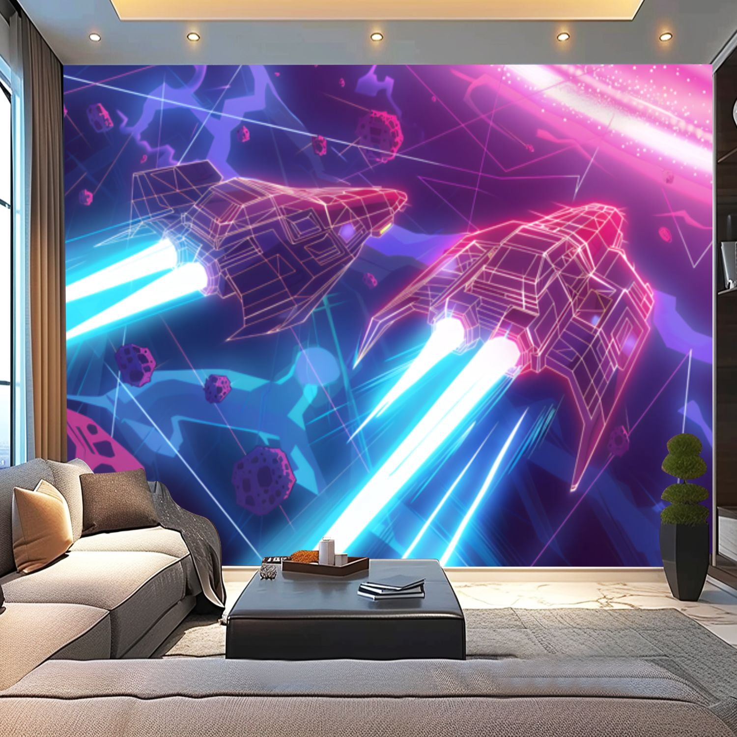 Peel and Stick Wallpaper Canvas 80s Arcade War Neon Line Art Encounter ...