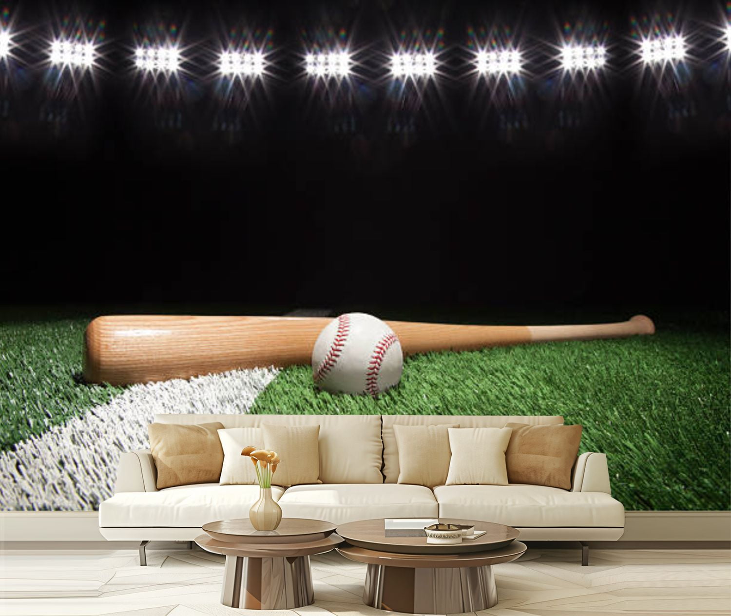 Peel and Stick Wallpaper Canvas Baseball bat night under stadium lights ...