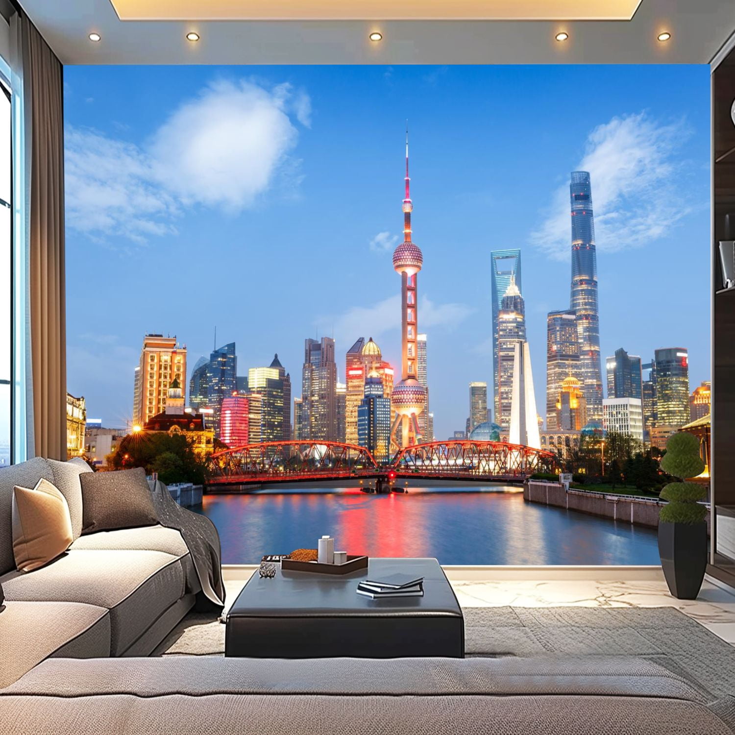 Peel and Stick Wallpaper Canvas Beautiful modern city night Shanghai ...